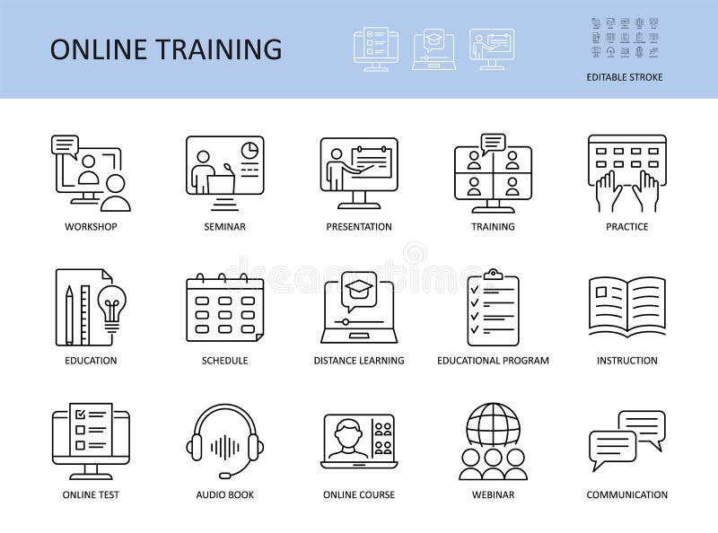 Online Training Vector Icons. Set with Editable Stroke. Workshop ...