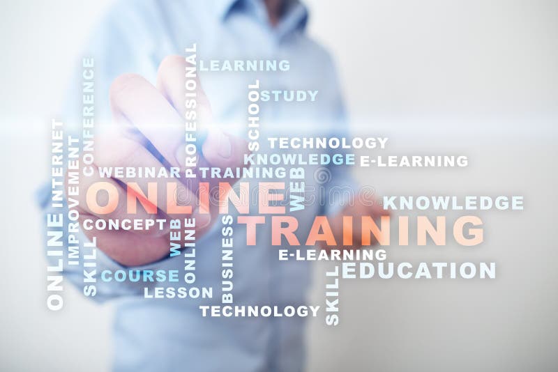 Online Training on the Virtual Screen. Education Concept. Words Cloud ...