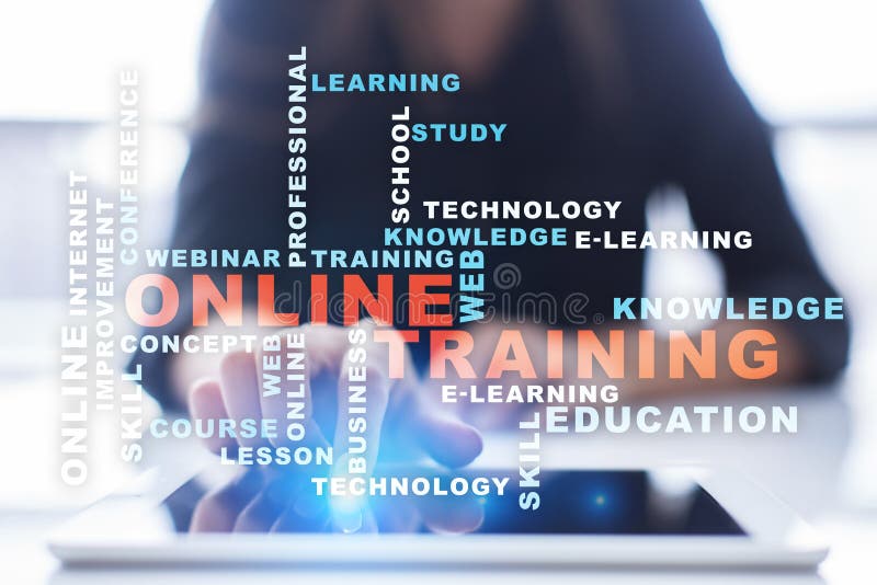 Online Training on the Virtual Screen. Education Concept. Words Cloud ...