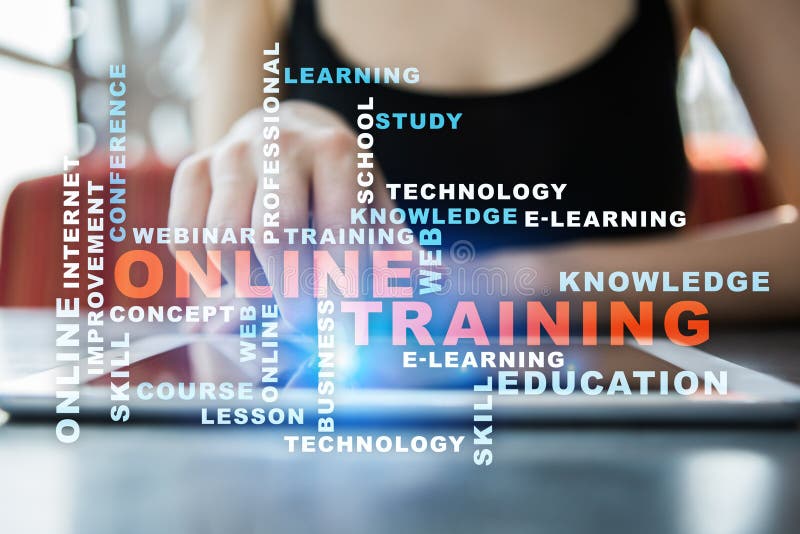 Online Training on the Virtual Screen. Education Concept. Words Cloud ...