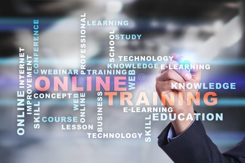 Online Training on the Virtual Screen. Education Concept. Words Cloud ...