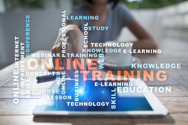 Online Training on the Virtual Screen. Education Concept. Words Cloud ...