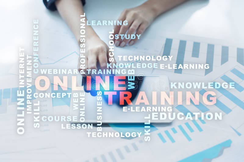 Online Training on the Virtual Screen. Education Concept. Words Cloud ...