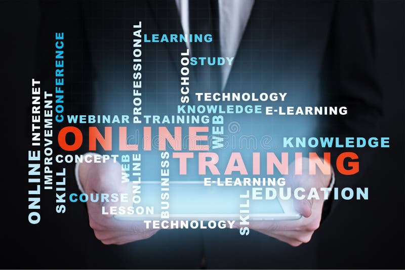 Online Training on the Virtual Screen. Education Concept. Words Cloud ...