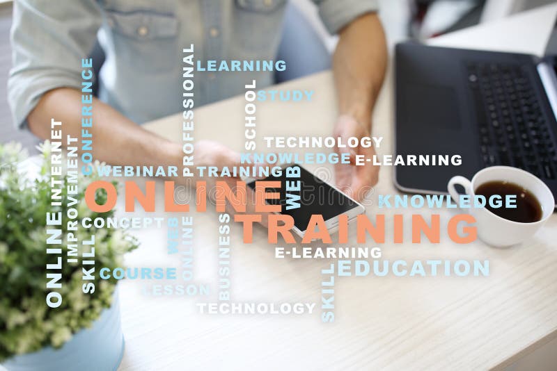 Online Training on the Virtual Screen. Education Concept. Words Cloud ...