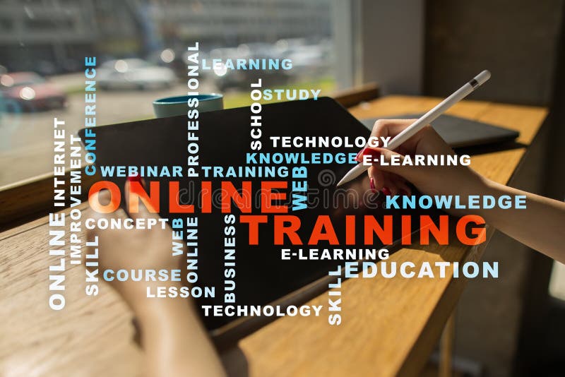 Online Training on the Virtual Screen. Education Concept. Words Cloud ...
