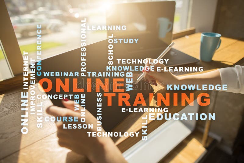 Online Training on the Virtual Screen. Education Concept. Words Cloud ...