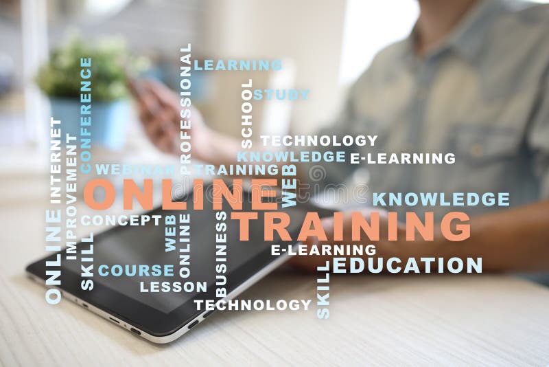 Online Training on the Virtual Screen. Education Concept. Words Cloud ...