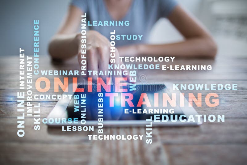 Online Training on the Virtual Screen. Education Concept. Words Cloud ...