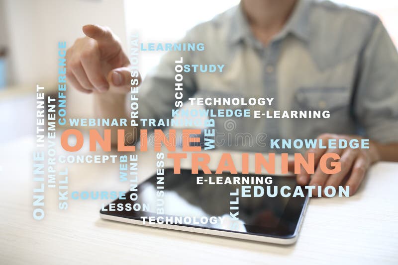 Online Training on the Virtual Screen. Education Concept. Words Cloud ...