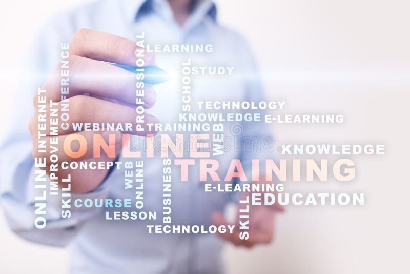 Online Training on the Virtual Screen. Education Concept. Words Cloud ...