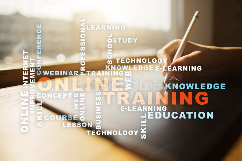 Online Training on the Virtual Screen. Education Concept. Words Cloud ...