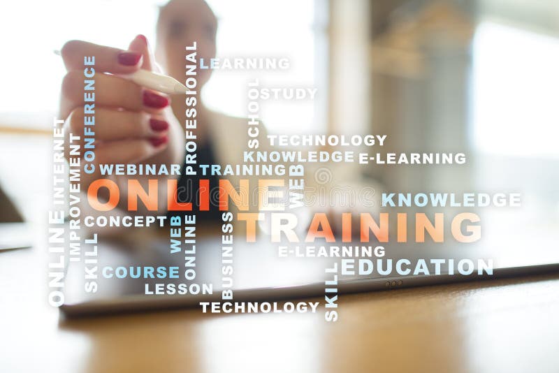 Online Training on the Virtual Screen. Education Concept. Words Cloud ...