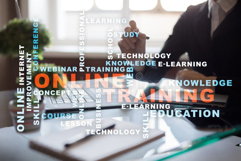 Online Training on the Virtual Screen. Education Concept. Words Cloud ...
