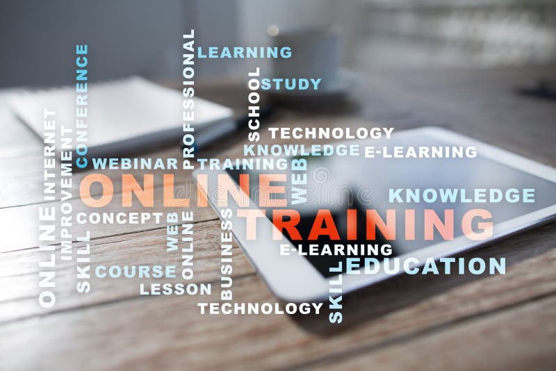 Online Training on the Virtual Screen. Education Concept. Words Cloud ...