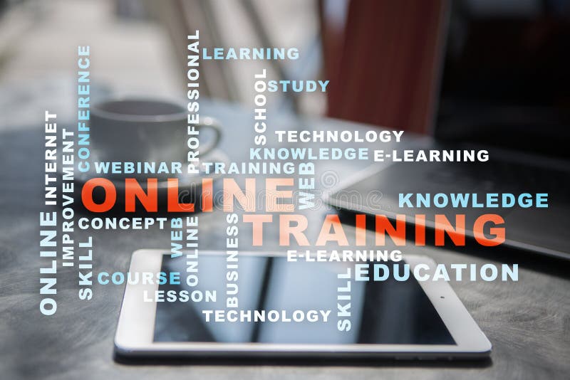 Online Training on the Virtual Screen. Education Concept. Words Cloud ...