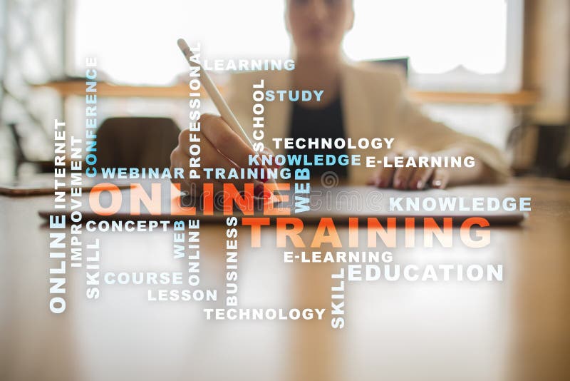Online Training on the Virtual Screen. Education Concept. Words Cloud ...