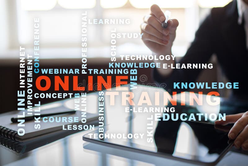Online Training on the Virtual Screen. Education Concept. Words Cloud ...