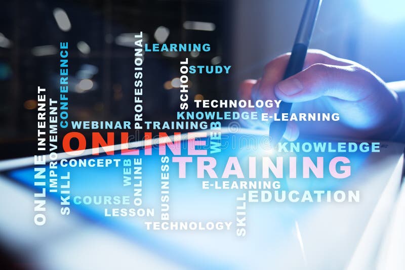 Online Training on the Virtual Screen. Education Concept. Words Cloud ...