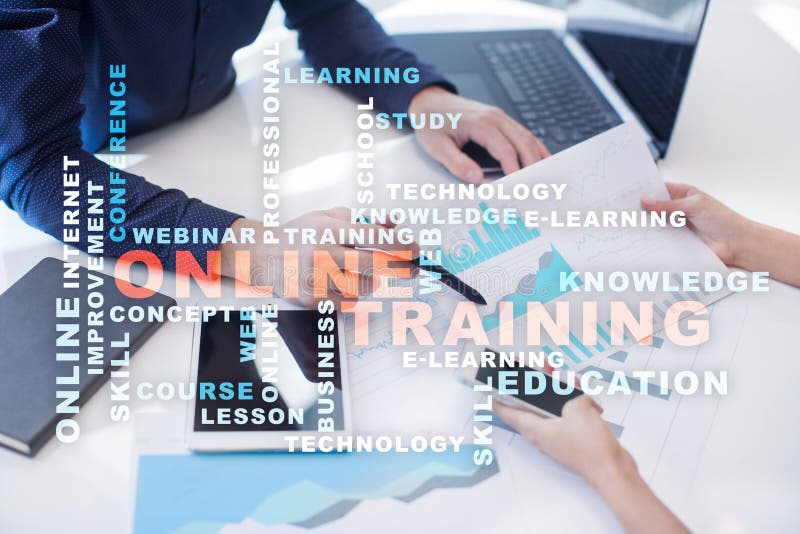 Online Training on the Virtual Screen. Education Concept. Words Cloud ...