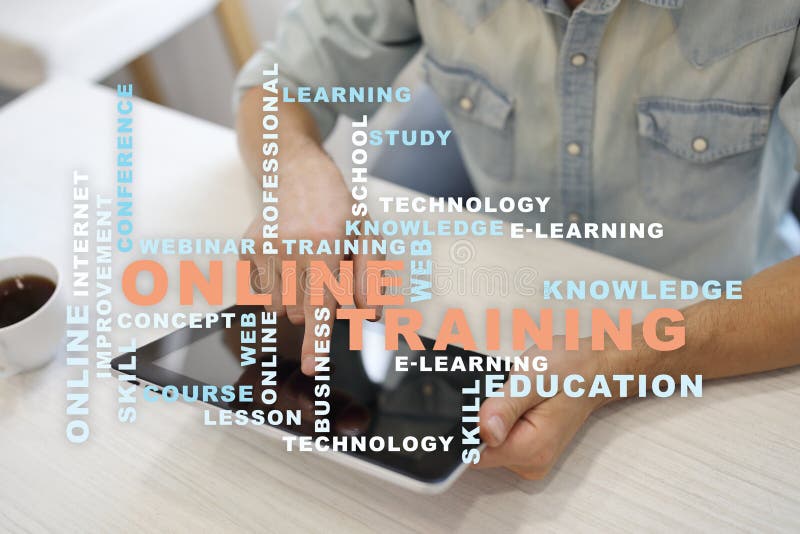 Online Training on the Virtual Screen. Education Concept. Words Cloud ...