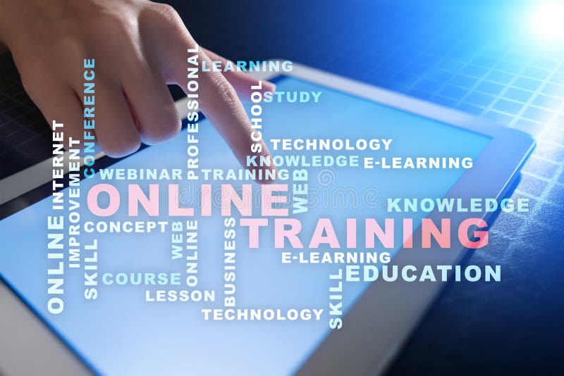 Online Training on the Virtual Screen. Education Concept. Words Cloud ...