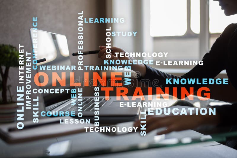 Online Training on the Virtual Screen. Education Concept. Words Cloud ...