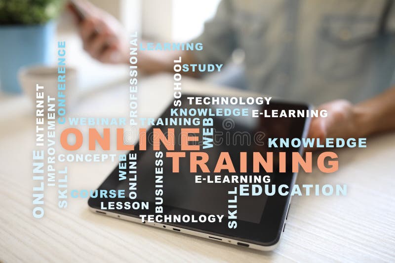 Online Training on the Virtual Screen. Education Concept. Words Cloud ...