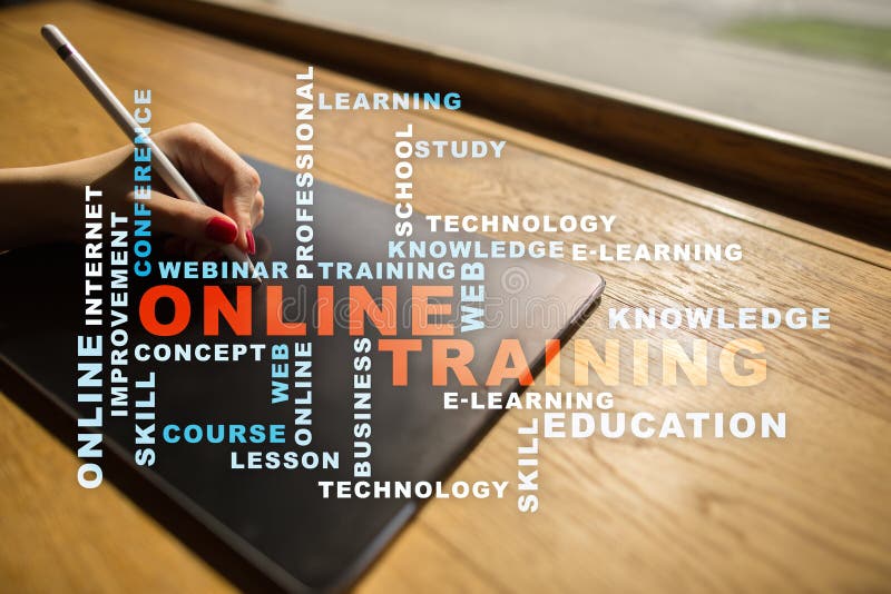 Online Training on the Virtual Screen. Education Concept. Words Cloud ...