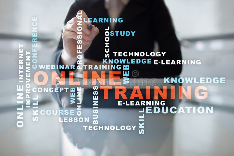 Online Training on the Virtual Screen. Education Concept. Words Cloud ...