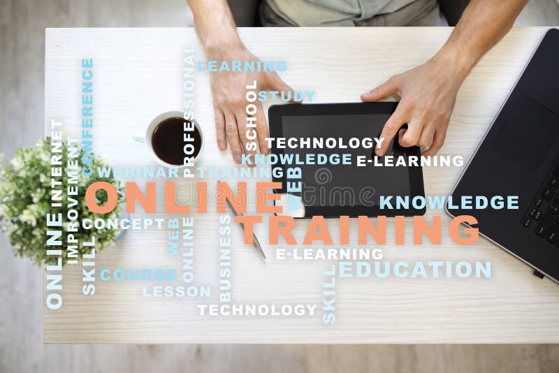 Online Training on the Virtual Screen. Education Concept. Words Cloud ...