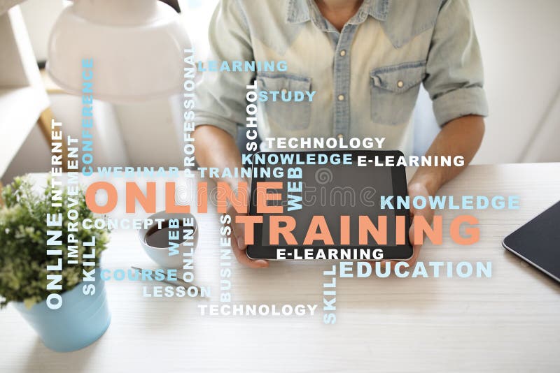 Online Training on the Virtual Screen. Education Concept. Words Cloud ...