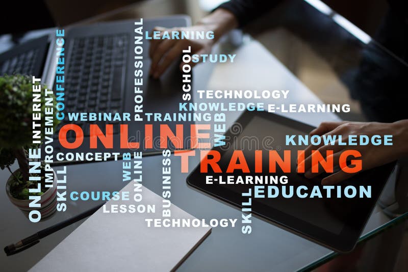 Online Training on the Virtual Screen. Education Concept. Words Cloud ...