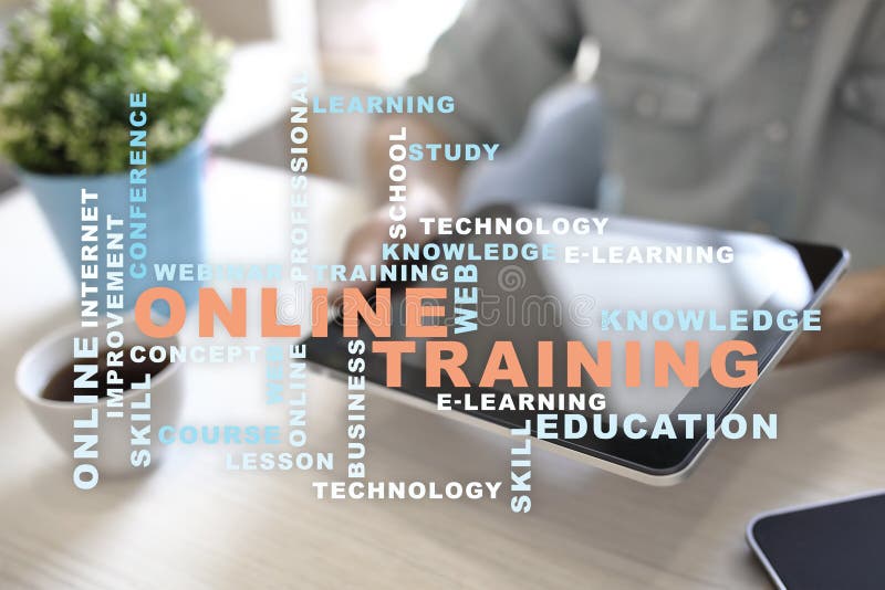 Online Training on the Virtual Screen. Education Concept. Words Cloud ...