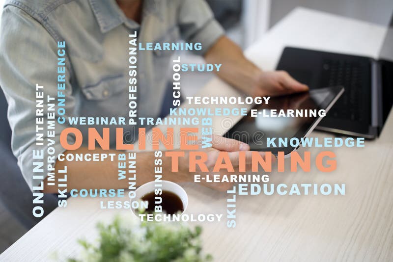 Online Training on the Virtual Screen. Education Concept. Words Cloud ...