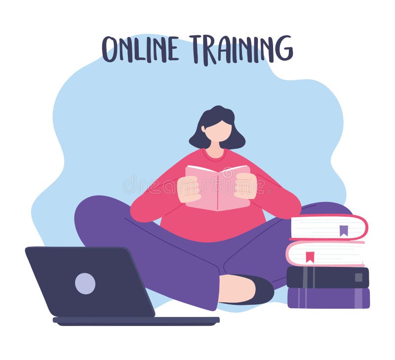 Online Training, Woman Reading Book with Laptop, Education and Courses ...