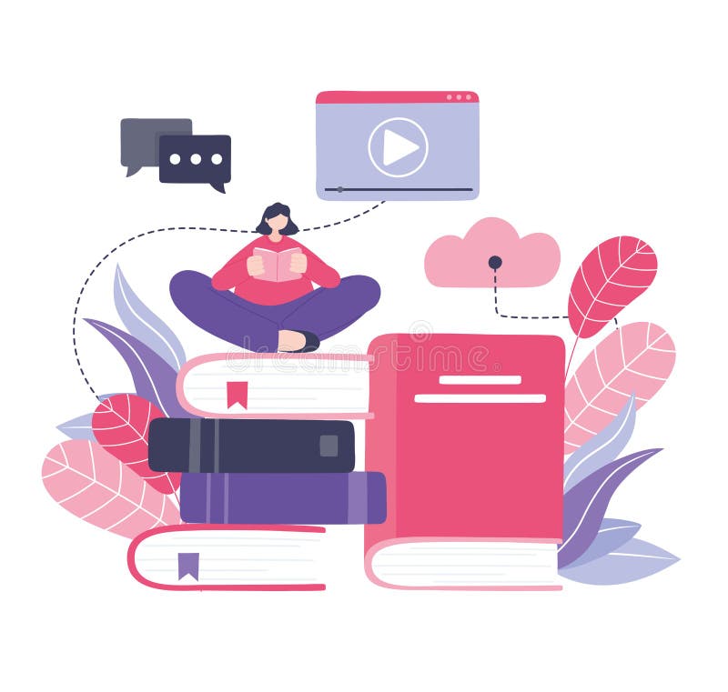 Online Training, Woman Sitting on Books Connection Cloud Computing ...