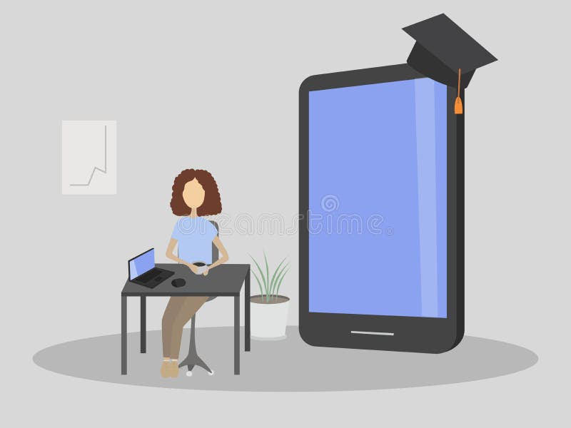 Online Training, Workshops and Courses Visualization Flat 3d. Small Girl Works at the Computer ...