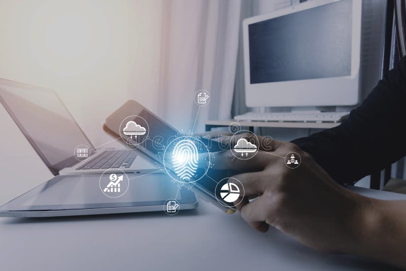 Online Transactions, Businessman Touching Fingerprint Scan Provides ...