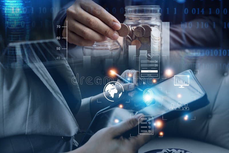 Online Transactions, Businessman Touching Fingerprint Scan Provides ...