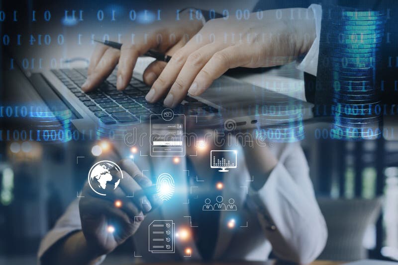 Online Transactions, Businessman Touching Fingerprint Scan Provides ...