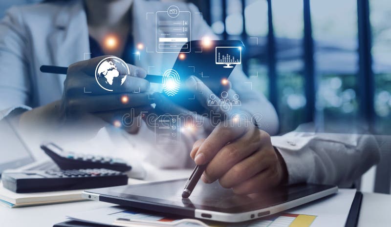 Online Transactions, Businessman Touching Fingerprint Scan Provides ...