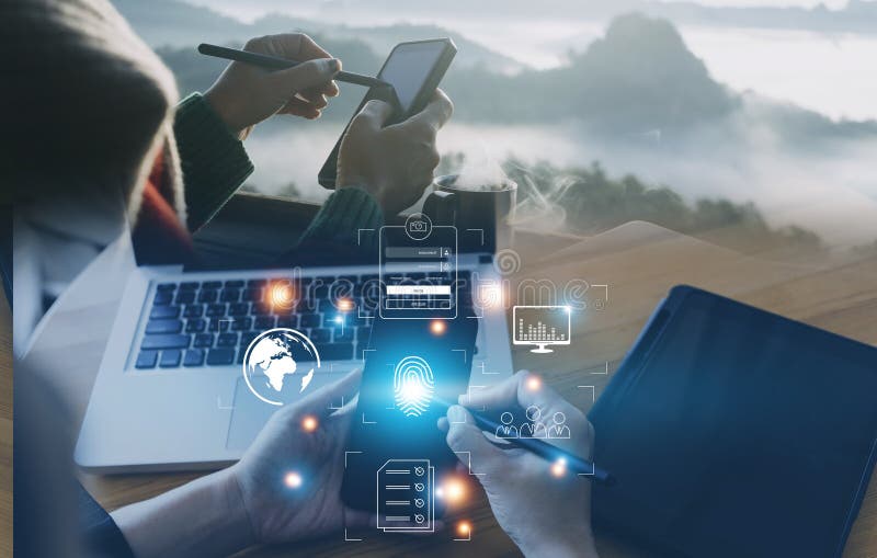 Online Transactions, Businessman Touching Fingerprint Scan Provides ...