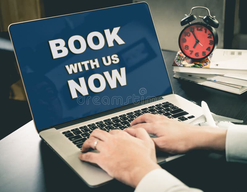 Online Travel Agency Website Book Now on Screen. Stock Photo - Image of ...