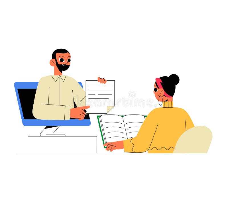 Online Tutor Explaining Document To Student in Flat Vector Illustration ...