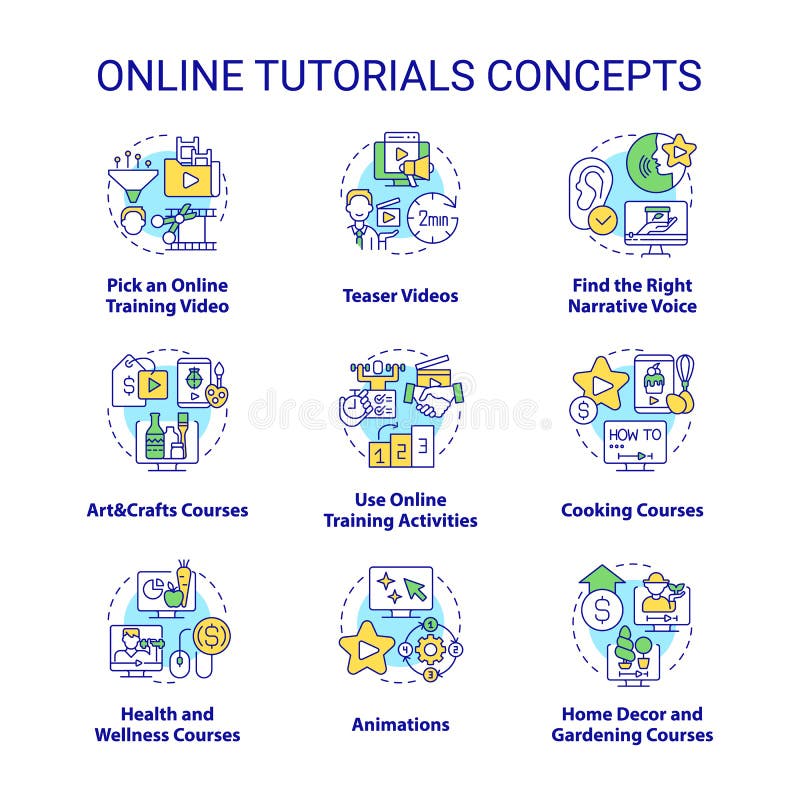 Online Tutorials Concept Icons Set Stock Vector - Illustration of video ...