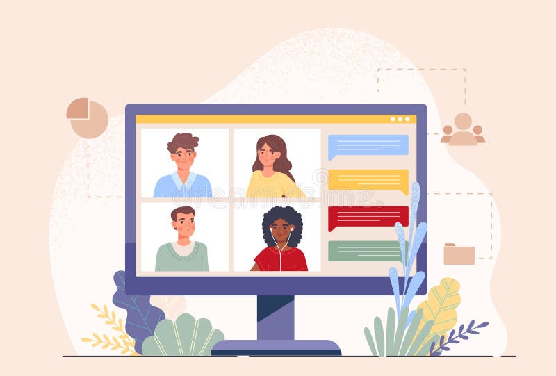 Virtual Meeting on Computer Screen. Vector Illustration Stock ...