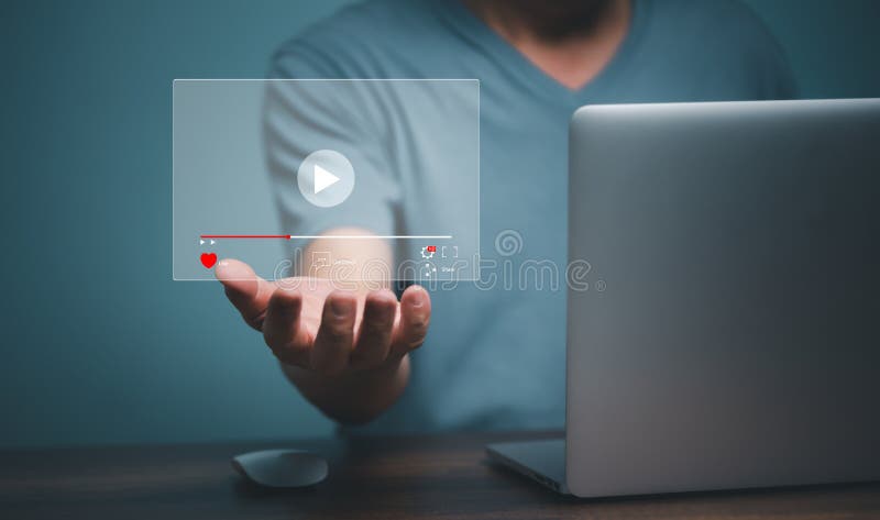 Online Video Course Learning, Young Man Using Laptop Computer with Hand ...