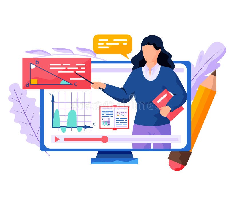 Online Video Geometry Lesson Learning. Girl, Teacher on Computer Screen ...