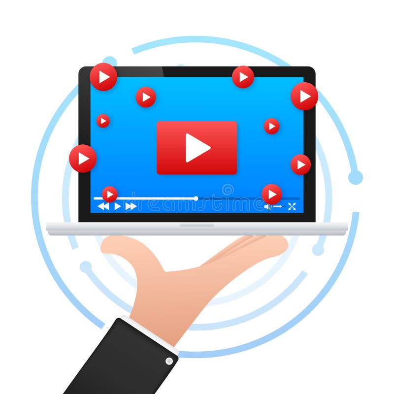 Online Video Platform Concept with Play Icons on Laptop Screen, Hand ...